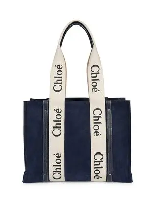 Chloé Women's Medium Woody Suede Logo Tote - Navy - Navy