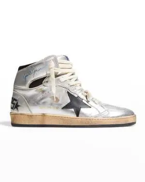 GOLDEN GOOSE Men's Sky Star Laminated Leather High-top Sneakers Silverblack