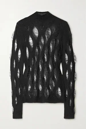 DION LEE Distressed Open-knit Linen-blend Sweater