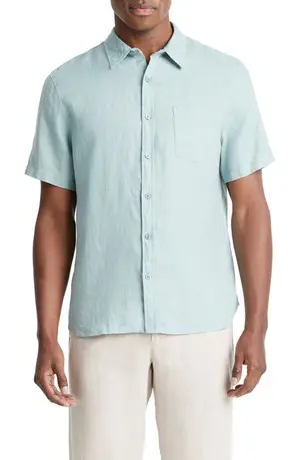 Vince Classic Fit Short Sleeve Linen Shirt Ceramic Blue