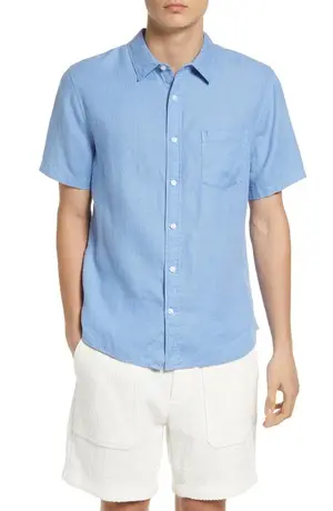 Vince Classic Fit Short Sleeve Linen Shirt Cerulean
