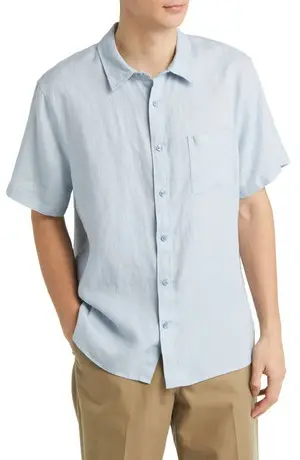 Vince Classic Fit Short Sleeve Linen Shirt Dk Oxford Blue