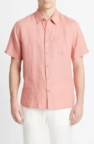 Vince Classic Fit Short Sleeve Linen Shirt Dusk