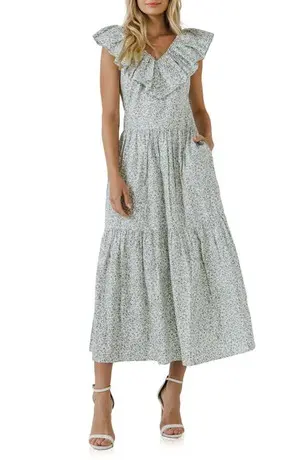 English Factory Floral Ruffle Tiered Midi Dress - Blue Multi