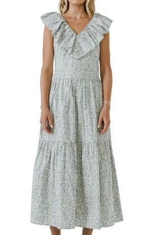 English Factory Floral Ruffle Tiered Midi Dress