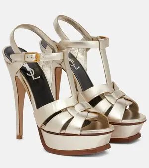 Saint Laurent Tribute 135 Leather Platform Sandals Silver