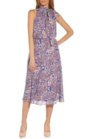 Adrianna Papell Floral Tie Neck Chiffon Midi Dress - Purple Multi