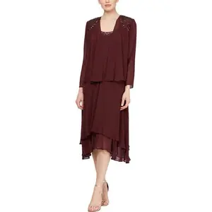 SL FASHIONS Beaded Chiffon Dress With Jacket - Fig