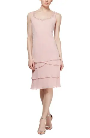 SL FASHIONS Slny Tiered Chiffon Cocktail Dress With Jacket