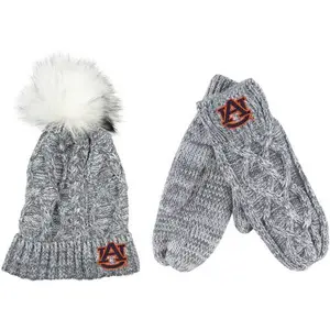 ZOOZATZ Auburn Tigers Cuffed Knit Pom Hat & Mittens Set