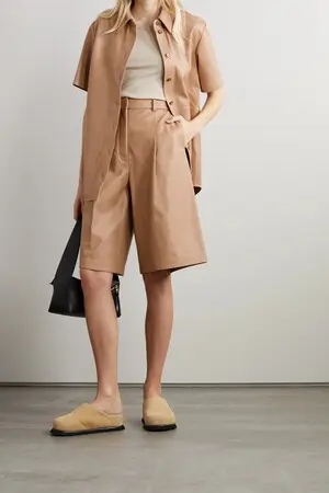 JOSEPH Tarah Pleated Leather Wide-leg Shorts