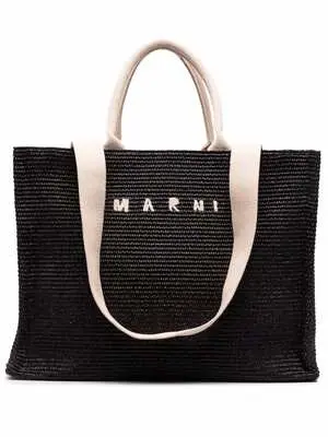 Marni Logo-embroidered Raffia Tote Bag - Black