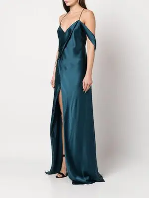 Michelle Mason V-neck Silk Gown With Slit Detailing - Blue