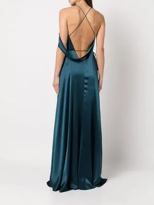 Michelle Mason V-neck Silk Gown With Slit Detailing - Blue