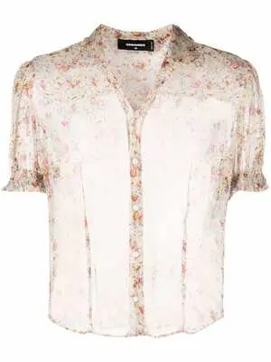Dsquared2 Sheer Puff-sleeve Floral-print Shirt - Neutrals