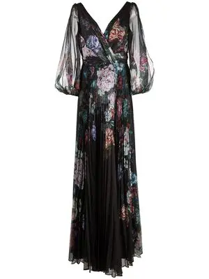 Marchesa Floral-print Pleated Tulle Gown