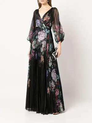 Marchesa Floral-print Pleated Tulle Gown