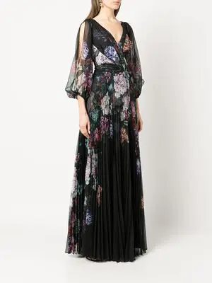 Marchesa Floral-print Pleated Tulle Gown