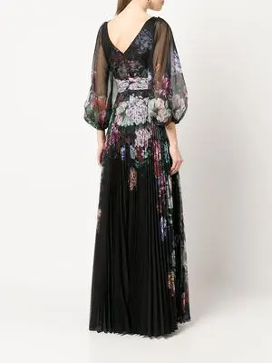 Marchesa Floral-print Pleated Tulle Gown