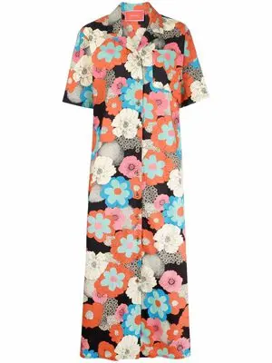 La DoubleJ Bowling Floral Shirtdress - Orange