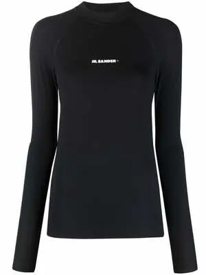 JIL SANDER Long Sleeve Logo Print Mock Neck Top