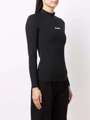JIL SANDER Long Sleeve Logo Print Mock Neck Top
