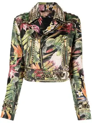 Philipp Plein Floral-print Studded Biker Jacket - Green