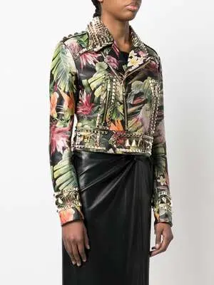 Philipp Plein Floral-print Studded Biker Jacket