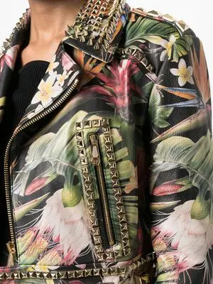 Philipp Plein Floral-print Studded Biker Jacket