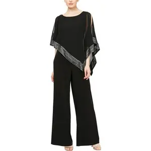 SL FASHIONS Foil Trim Asymmetric Capelet Jumpsuit - Black