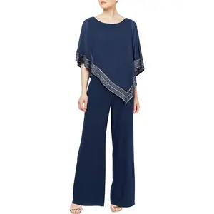 SL FASHIONS Foil Trim Asymmetric Capelet Jumpsuit - Navy/silver