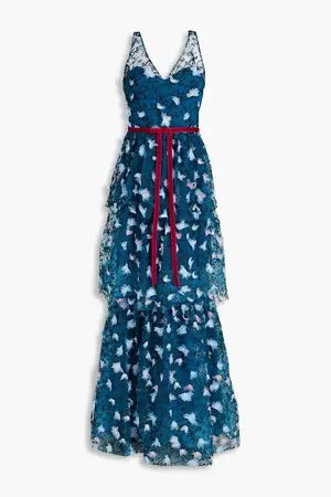 Off-the-shoulder floral appliquéd gowns