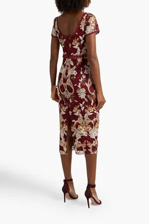 Marchesa Embroidered Tulle Midi Dress - Claret