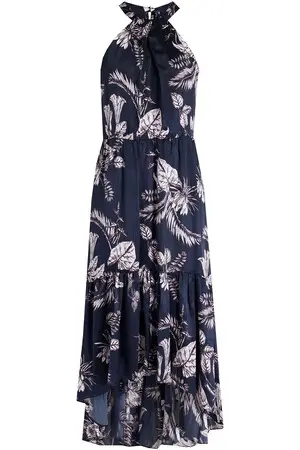 Marchesa Gathered Printed Satin Midi Dress - Navy