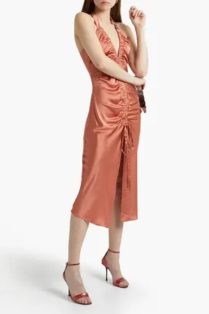 NICHOLAS Ruched Silksatin Halterneck Midi Dress - Antique Rose