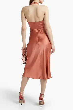 NICHOLAS Ruched Silk-satin Halterneck Midi Dress