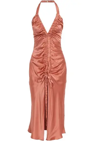 NICHOLAS Ruched Silk-satin Halterneck Midi Dress