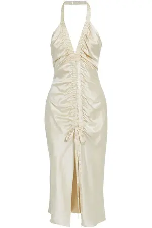 NICHOLAS Nicholas Ruched Silk-Satin Halterneck Midi Dress - Cream