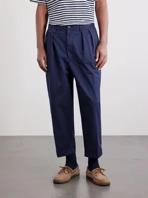 BEAMS Tapered Cropped Pleated Cotton-blend Twill Trousers - Blue
