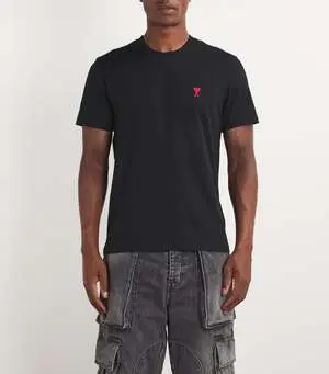 AMI Paris Organic Cotton T-shirt With De Coeur Embroidery - Black