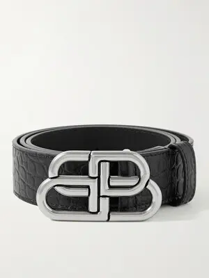 Balenciaga 3cm Logo-embellished Croc-effect Leather Belt - Black
