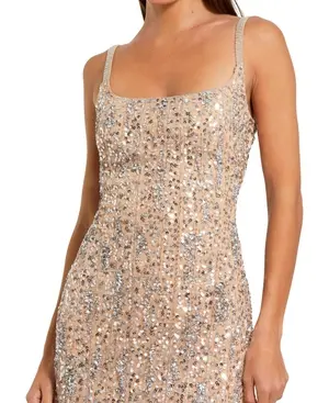 Mac Duggal Scoop Neck Sequined Gown - Nude Silver