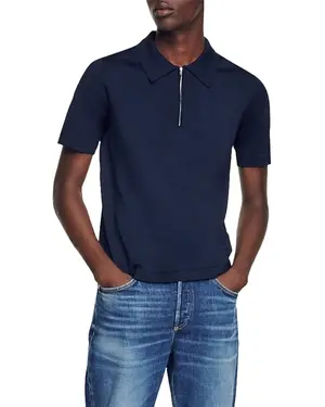 Sandro Knitted Polo Shirt With Zip Collar - Navy Blue