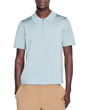 Sandro Knitted Polo Shirt With Zip Collar Sky Blue