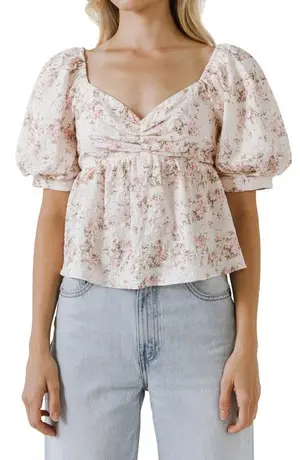English Factory Floral Textured Babydoll Top