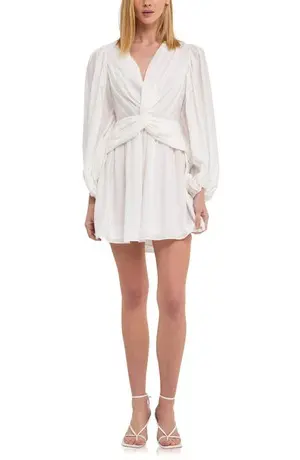 Endless Rose Twist Front Drape Long Sleeve Minidress - White