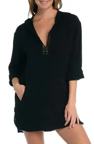 La Blanca Hooded Cotton Gauze Cover-up Tunic - Black