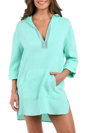 La Blanca Hooded Cotton Gauze Cover-up Tunic - Seabreeze