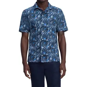 Bugatchi Shaped Fit Print Stretch Cotton Short Sleeve Button-up Shirt - Midnight
