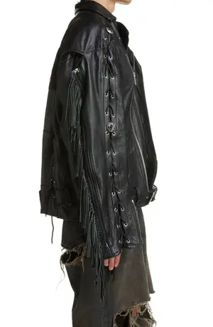 Balenciaga Fringe Detail Leather Biker Jacket